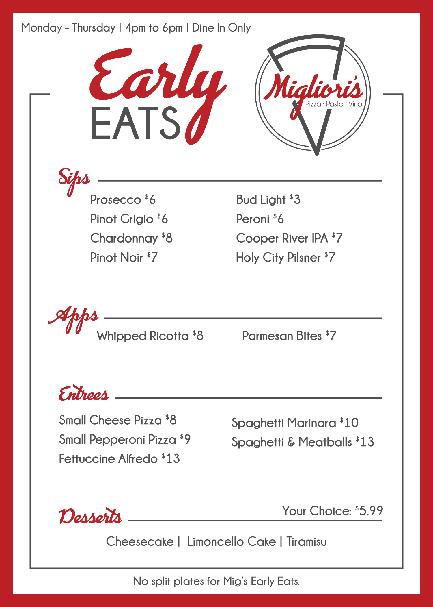Migs Pizzeria Menus - Charleston SC